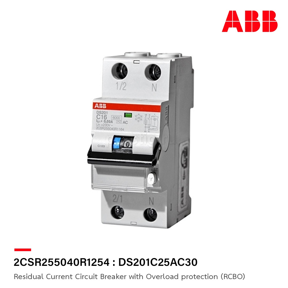 ABB : DS201 C25 AC30 : Miniature Circuit Breaker with Overload protection (RCBO), Type AC, 1P+N ...