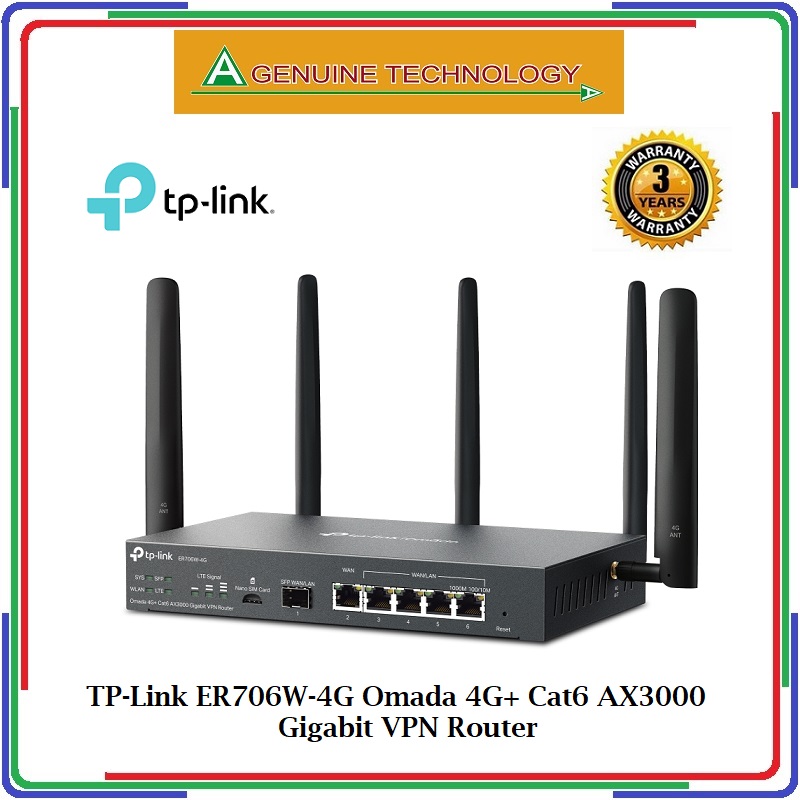 TP-Link ER706W-4G Omada 4G+ Cat6 AX3000 Gigabit VPN Router - 3 Years ...