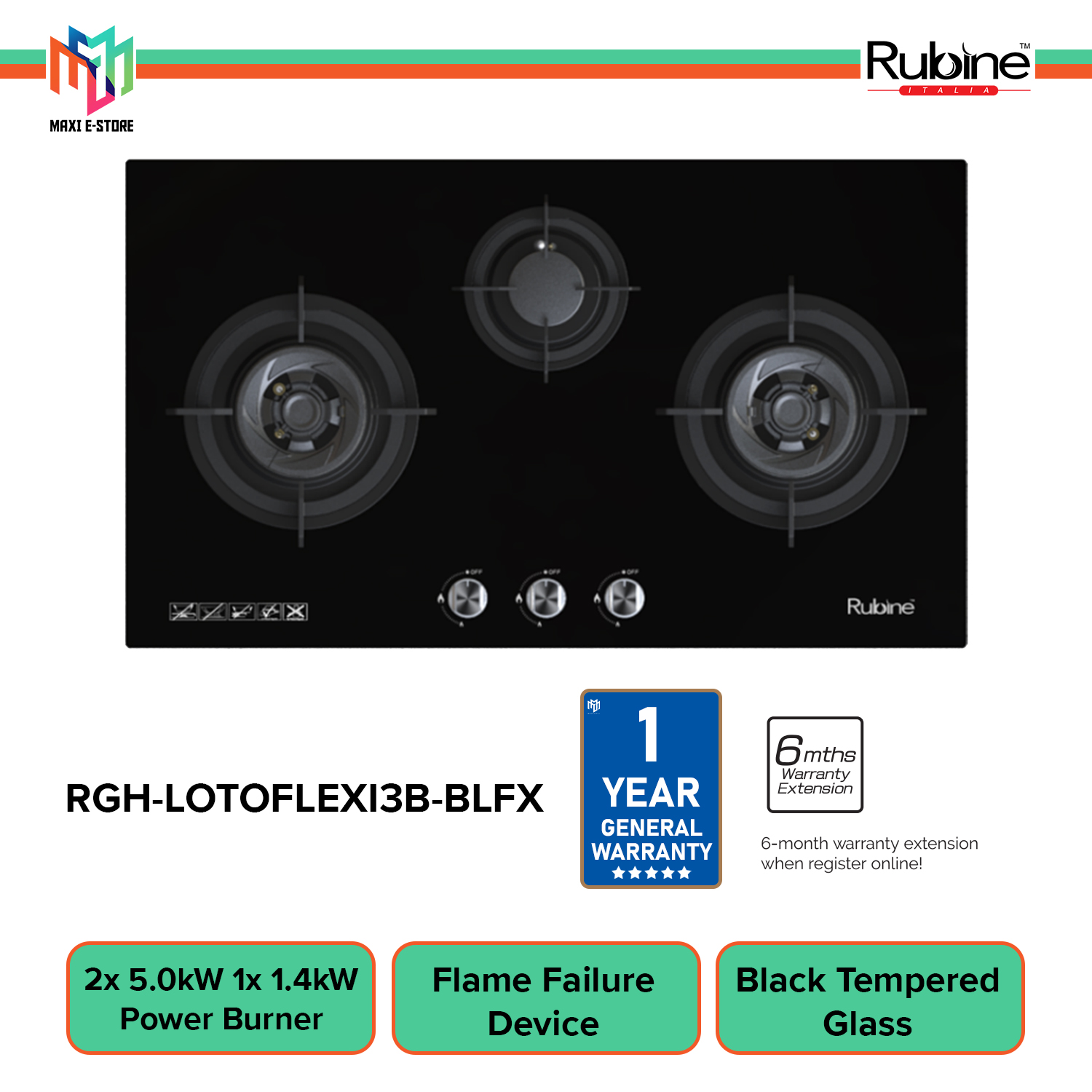 Rubine LOTO FLEXI Built-in Black Tempered Glass Gas Hob 3 Burner 5.0kW ...