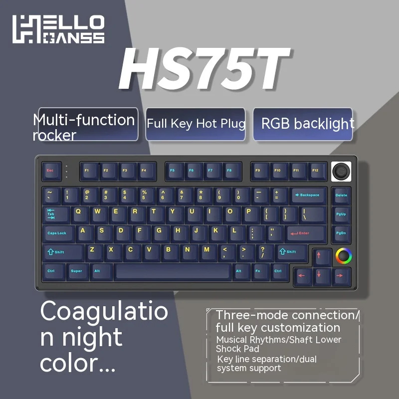 New HELLO GANSS HS75T Mechanical Keyboard Multifunctional Knob Navigation Rocker Three Mode RGB ...