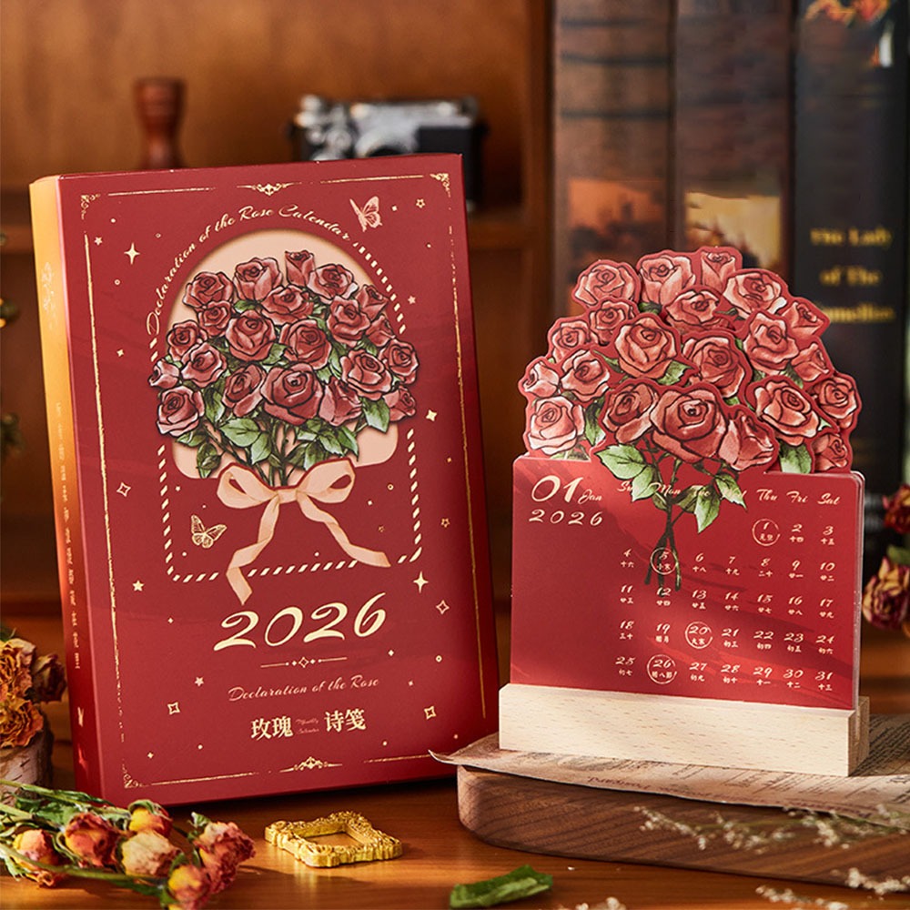 Simple 2026 Desk Calendar Rose Painting With Wooden Base Mini Calendar ...