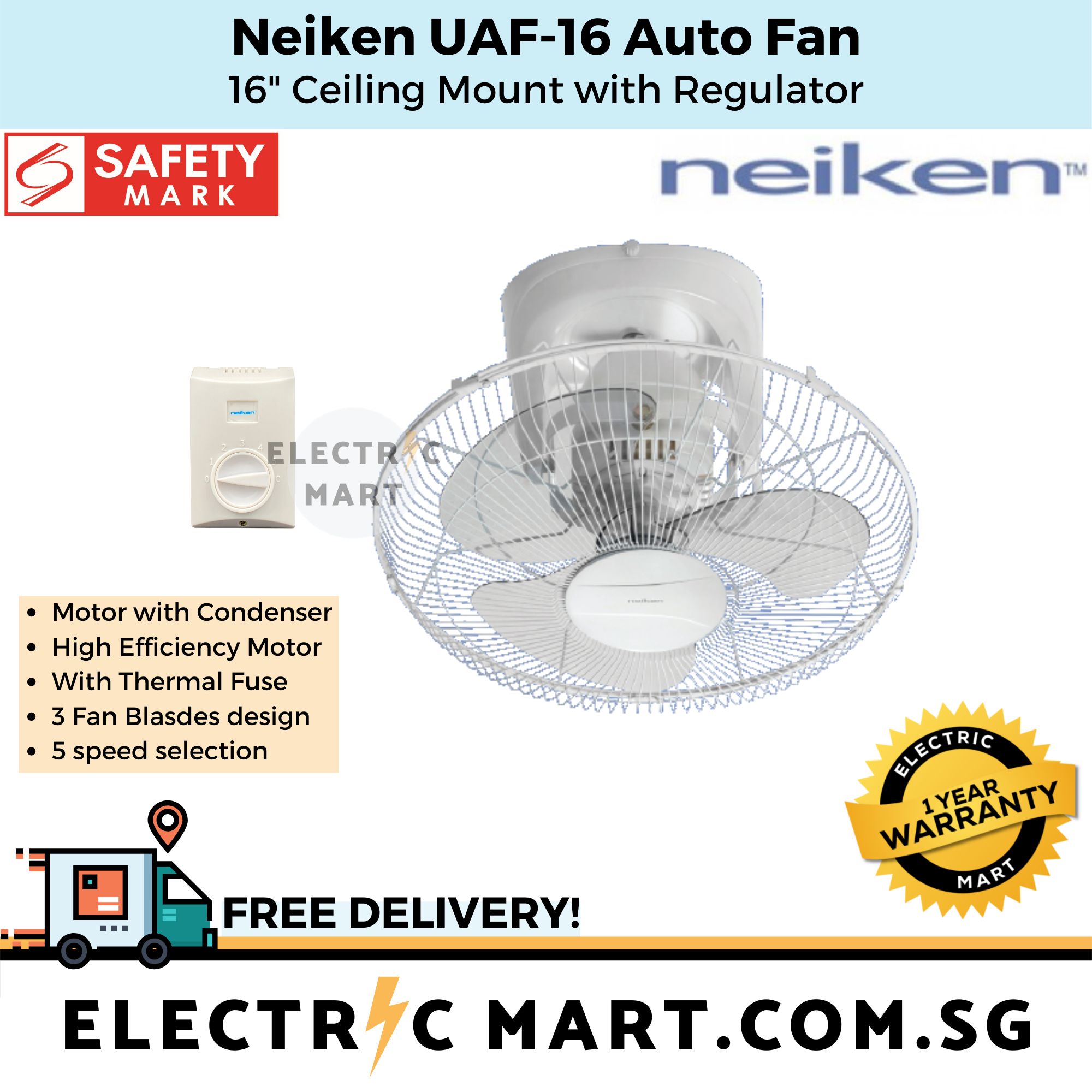 Neiken UAF-16 Orbit Ceiling Mount Auto Fan / 16 inch / 16" with ...