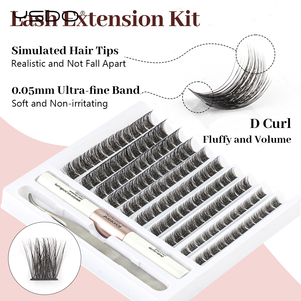 YSDO Cluster Lashes Extension Kit Bond and Seal 2 IN 1 Tweeze ...
