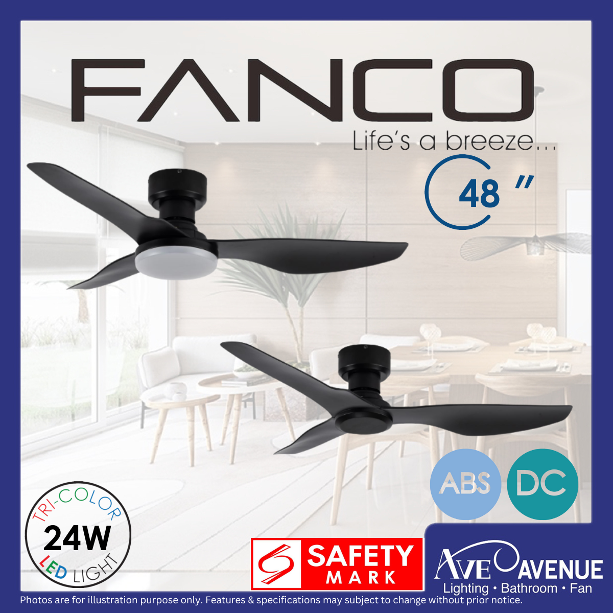 FANCO CO-FAN Hugger Low Profile DC Motor 3 Blade Ceiling Fan with ...
