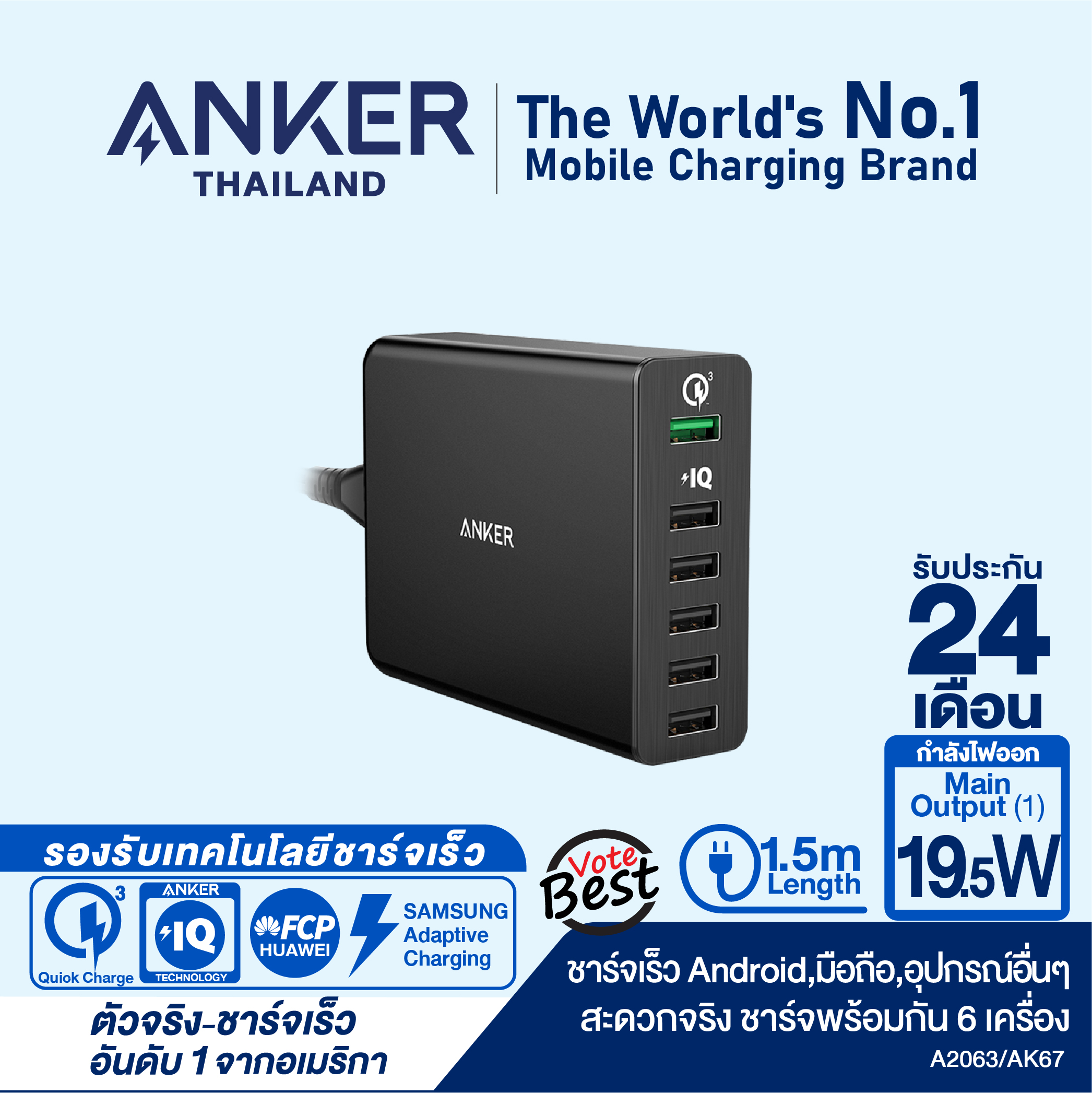 Anker PowerPort 6 with Quick Charge 3.0 ที่ชาร์จมือถือ ช่องจ่ายไฟแบบ ...