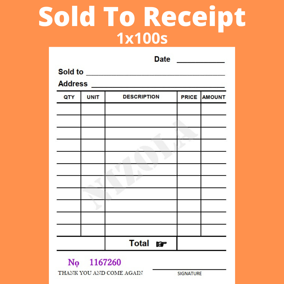 Sold To Receipt 100 Sheets Single Copy Booklet Sequential Numbering 1 ...