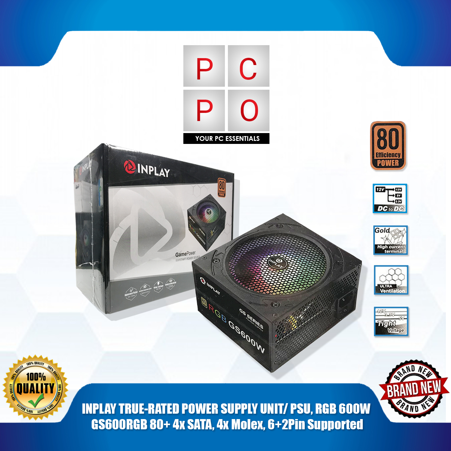 INPLAY TRUE-RATED POWER SUPPLY UNIT/ PSU, RGB 600W GS600RGB 80+ 4x SATA ...