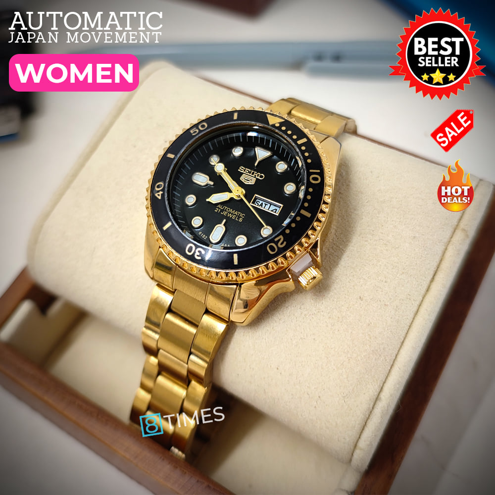 Seiko 5 Gold Black Dial 21 Jewels Stainless Steel Automatic Watch for ...