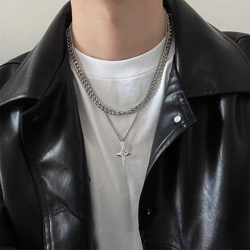 Fashion Hip Hop Hollow Star Cross Pendant Double Layer Necklace ...