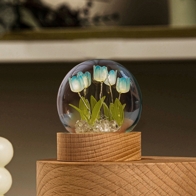 LED Tulip Crystal Glass Ball Night Light Home Bedroom Mini Flowers ...