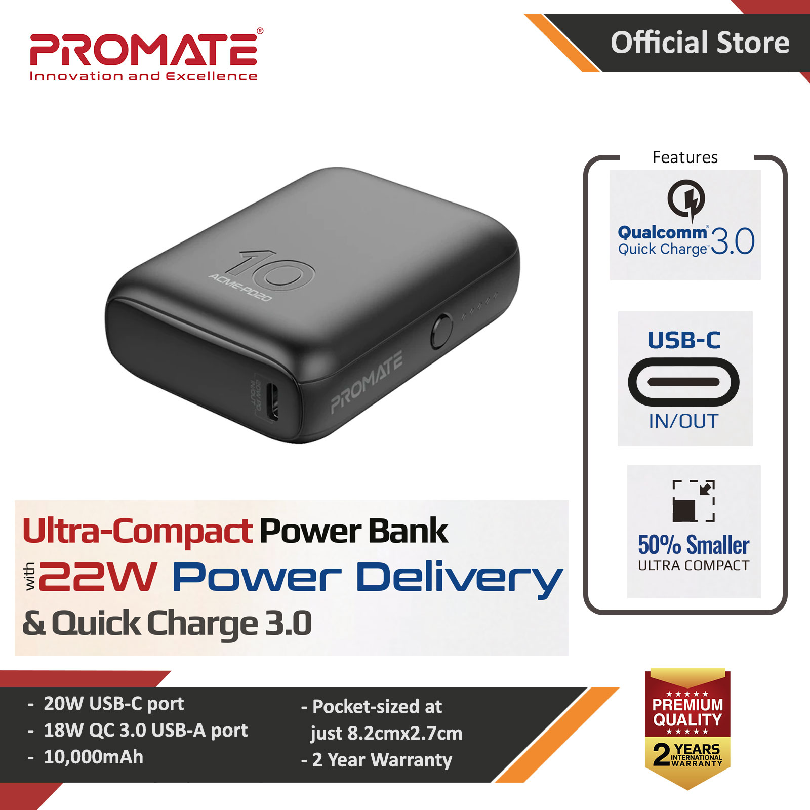 Promate Ultra-Compact Small Size Power Bank 10000mAh Power Bank with ...