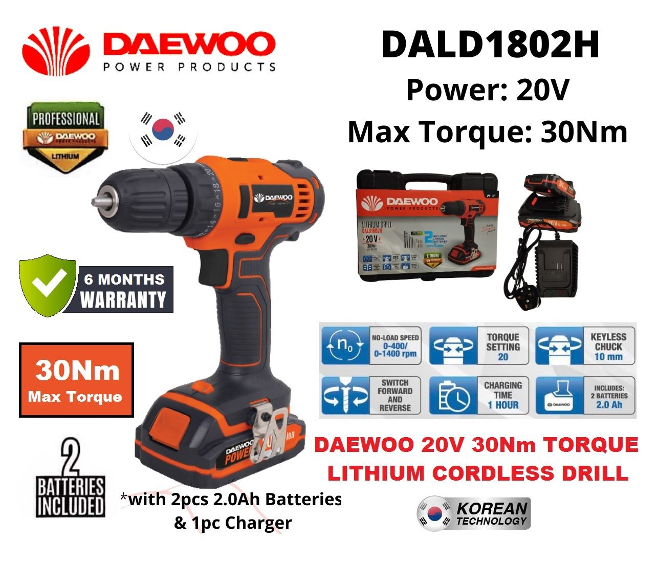 Daewoo 20V Lithium 3/8-inch Torque 30Nm Cordless Drill Driver | Lazada