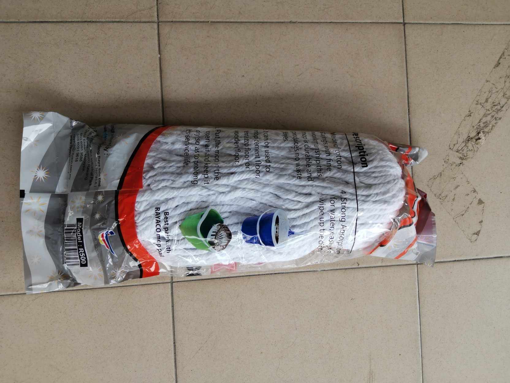 [ORIGINAL] RAYACO COTTON WHITE STRING MOP C/W 4feet HANDLE~600gram ...