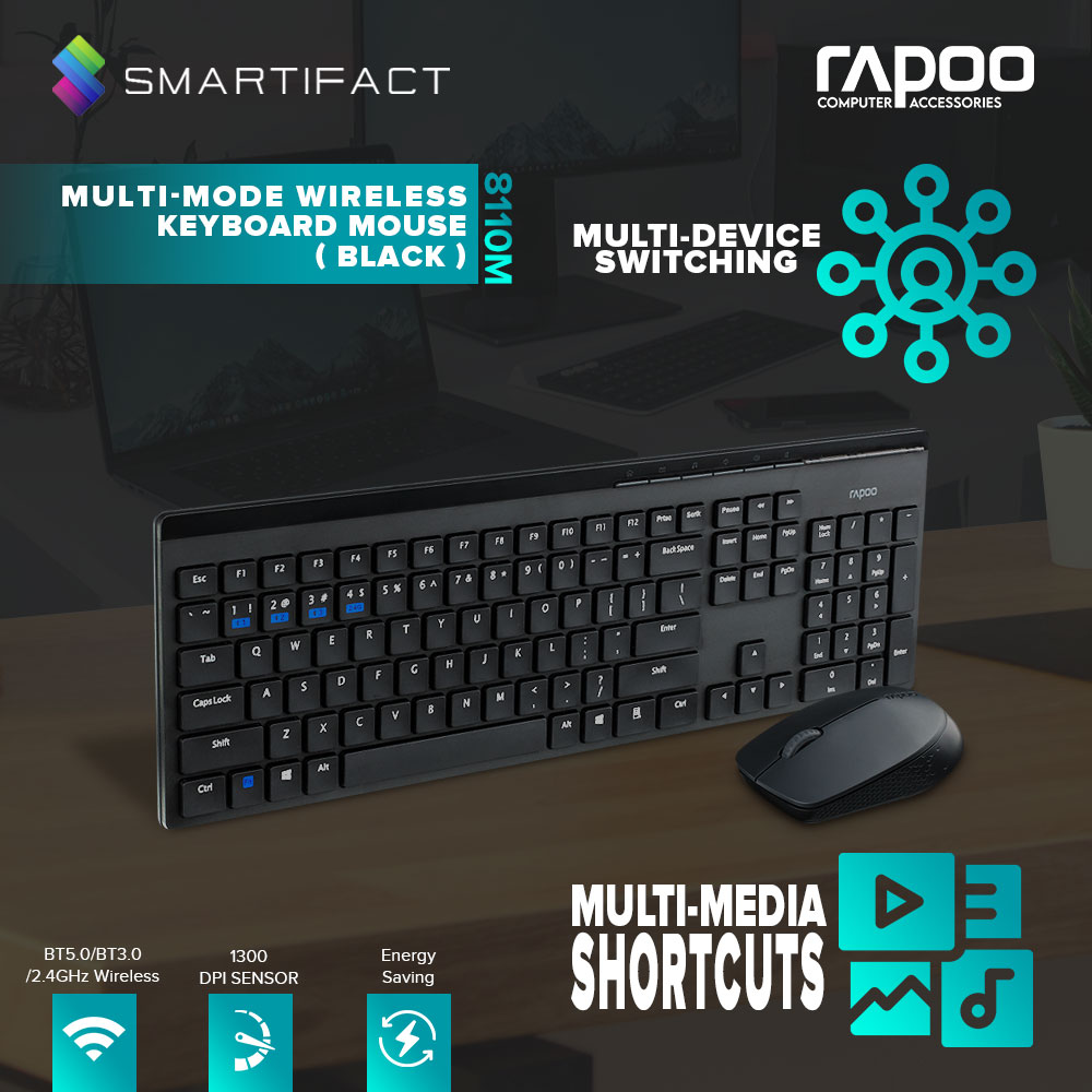 Rapoo 8110M / 8100GT Keyboard Mouse Combo Dual-Mode BT 2.4GHz Wireless ...