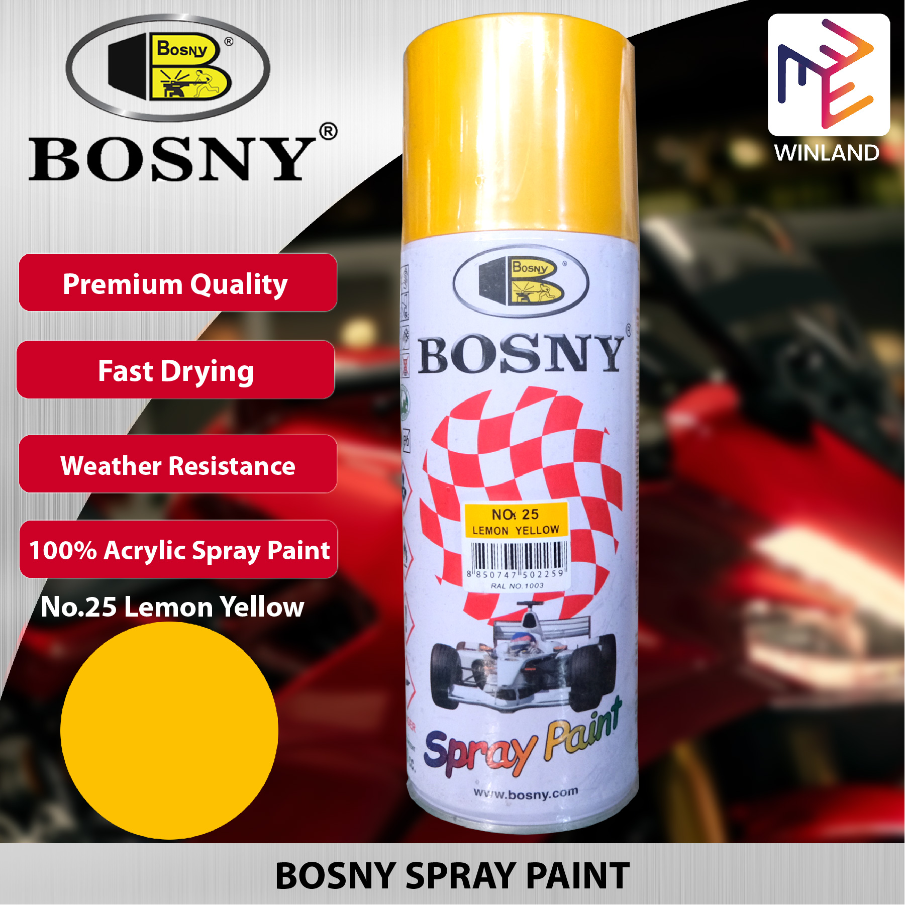 Bosny 100% Acrylic Spray Paint Lemon Yellow No.25 Spraypaint Pylox ...