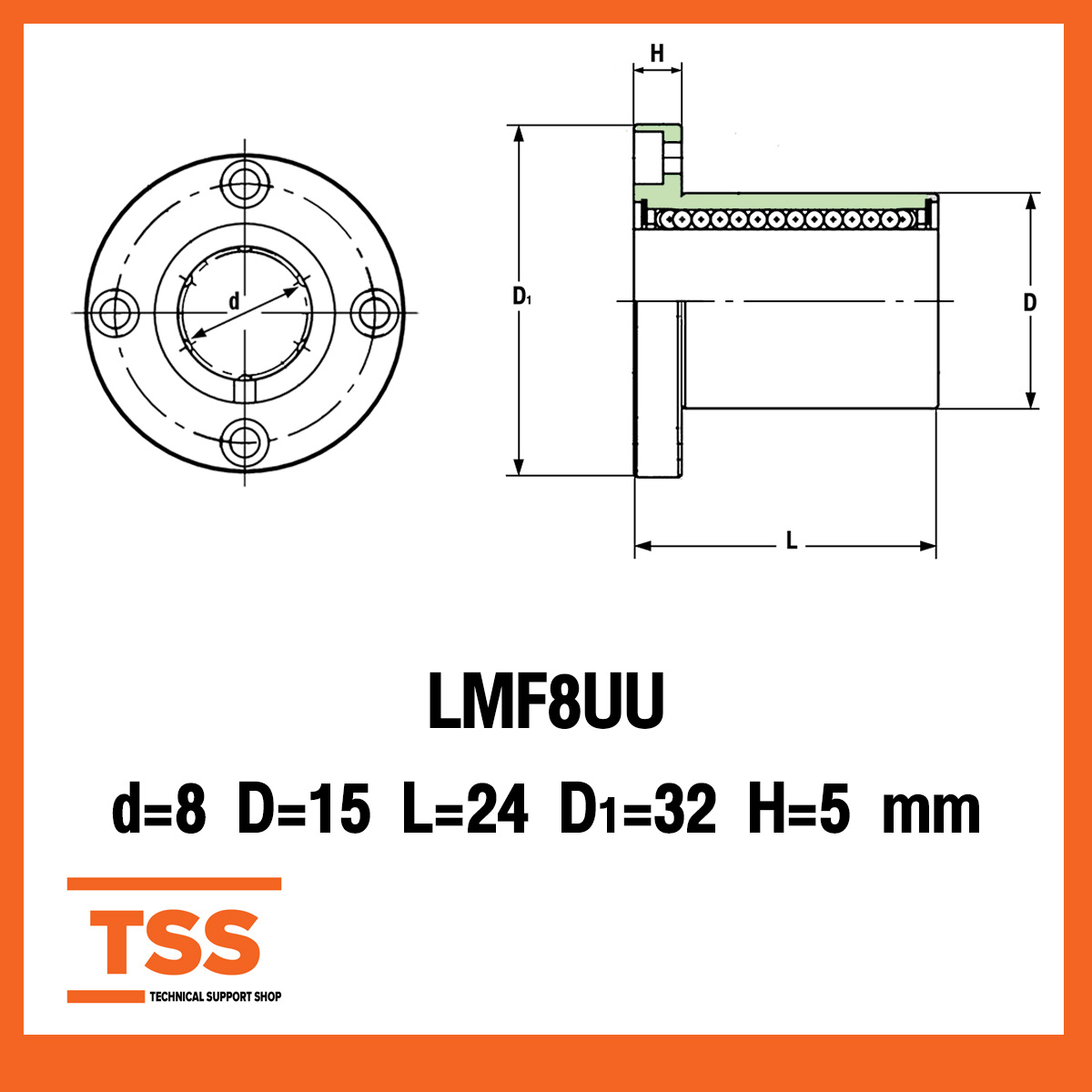 LMF8UU ลิเนียร์แบริ่งสไลด์บุชกลม แบบหน้าแปลน / หน้ากลม LMF8 UU ( LINEAR ...