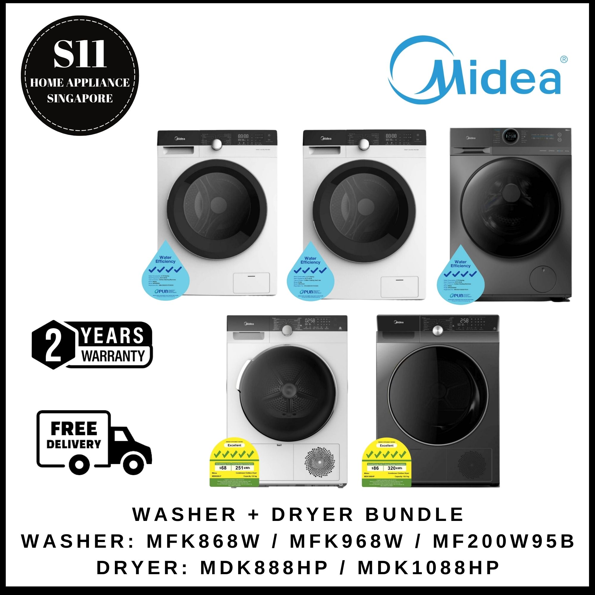 MIDEA BUNDLE! WASHER [8KG - MFK868W / 9KG - MFK968W / 9.5KG - MF200W95B] + DRYER [8KG - MDK888HP ...
