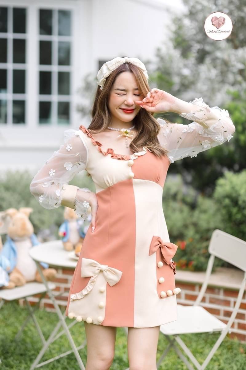 Maria Diamond Brand การันตีเสื้อผ้าแบรนด์แท้ มินิเดรสแขนยาว สีส้มพีช ...