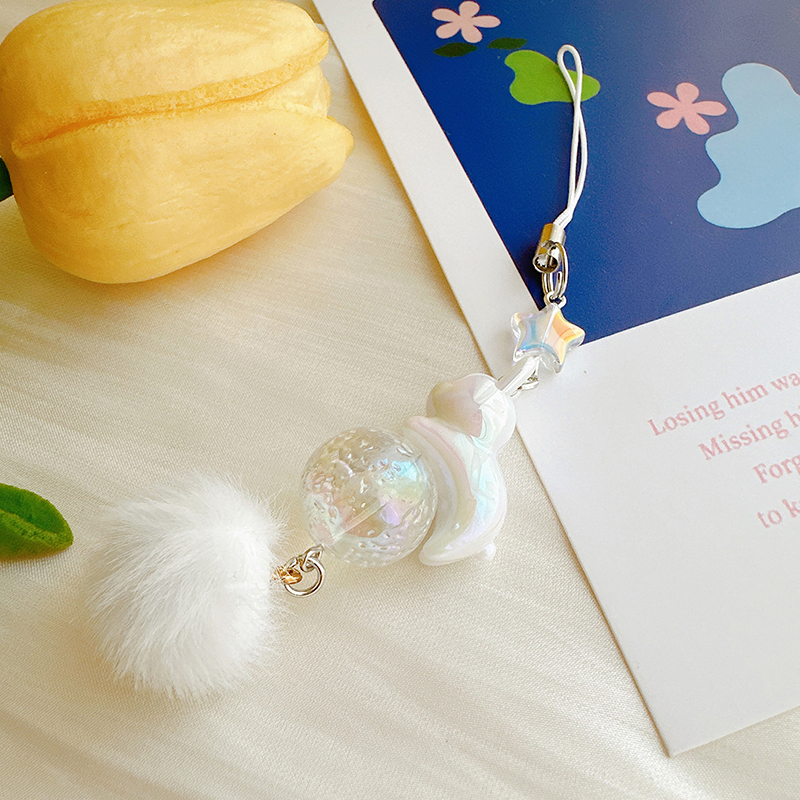 Cute Rabbit Hairball Pendant Beading Keychain Phone Chain Camera ...
