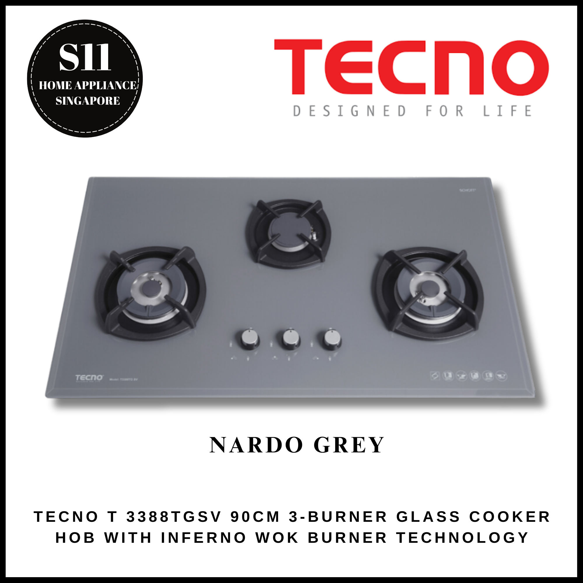 TECNO T 3388TGSV 90CM 3-BURNER GLASS COOKER HOB WITH INFERNO WOK BURNER ...