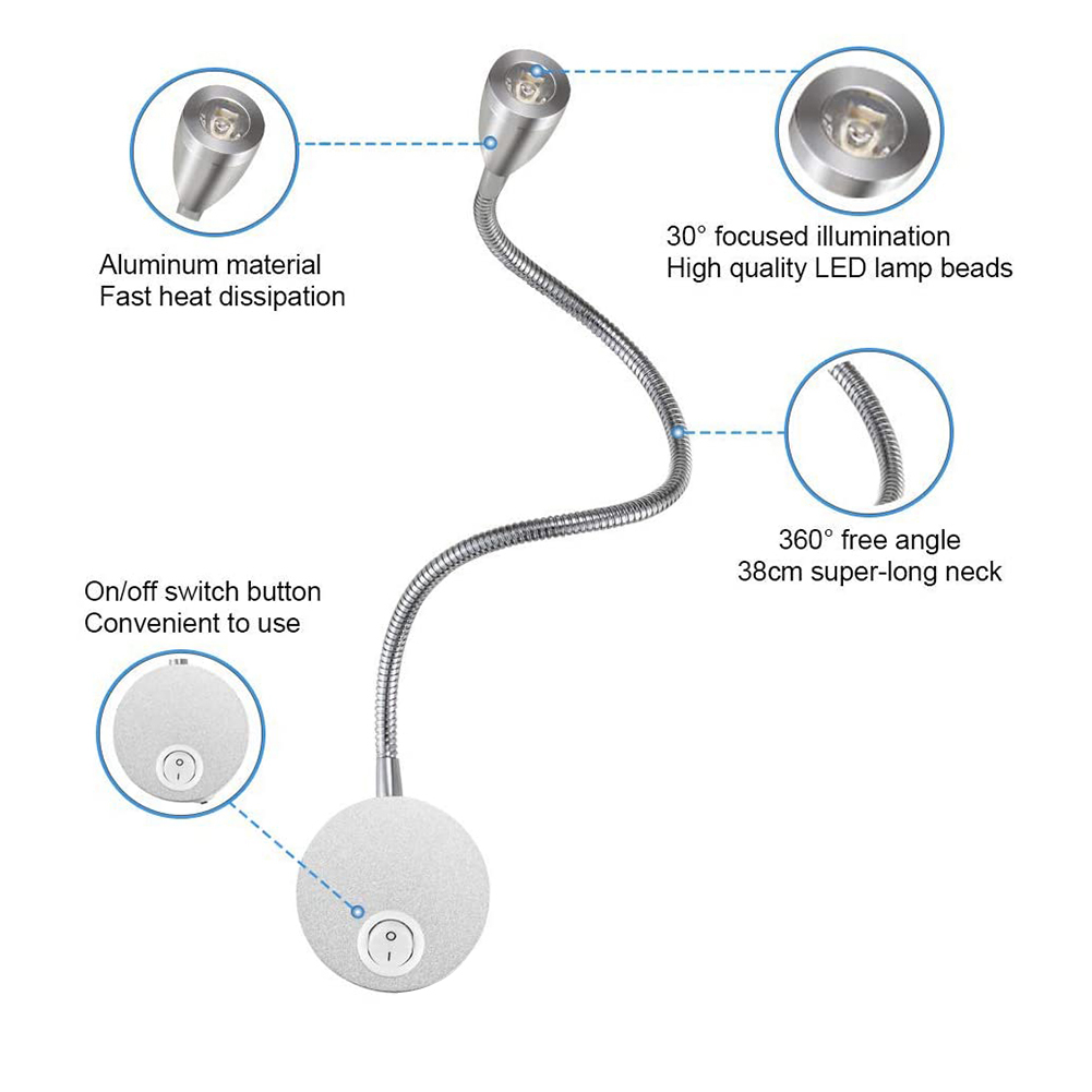 USB Flexible Wall Mount Night Lamp Hotel Bedside Wall Lamp LED Flexible Gooseneck Switch Study ...