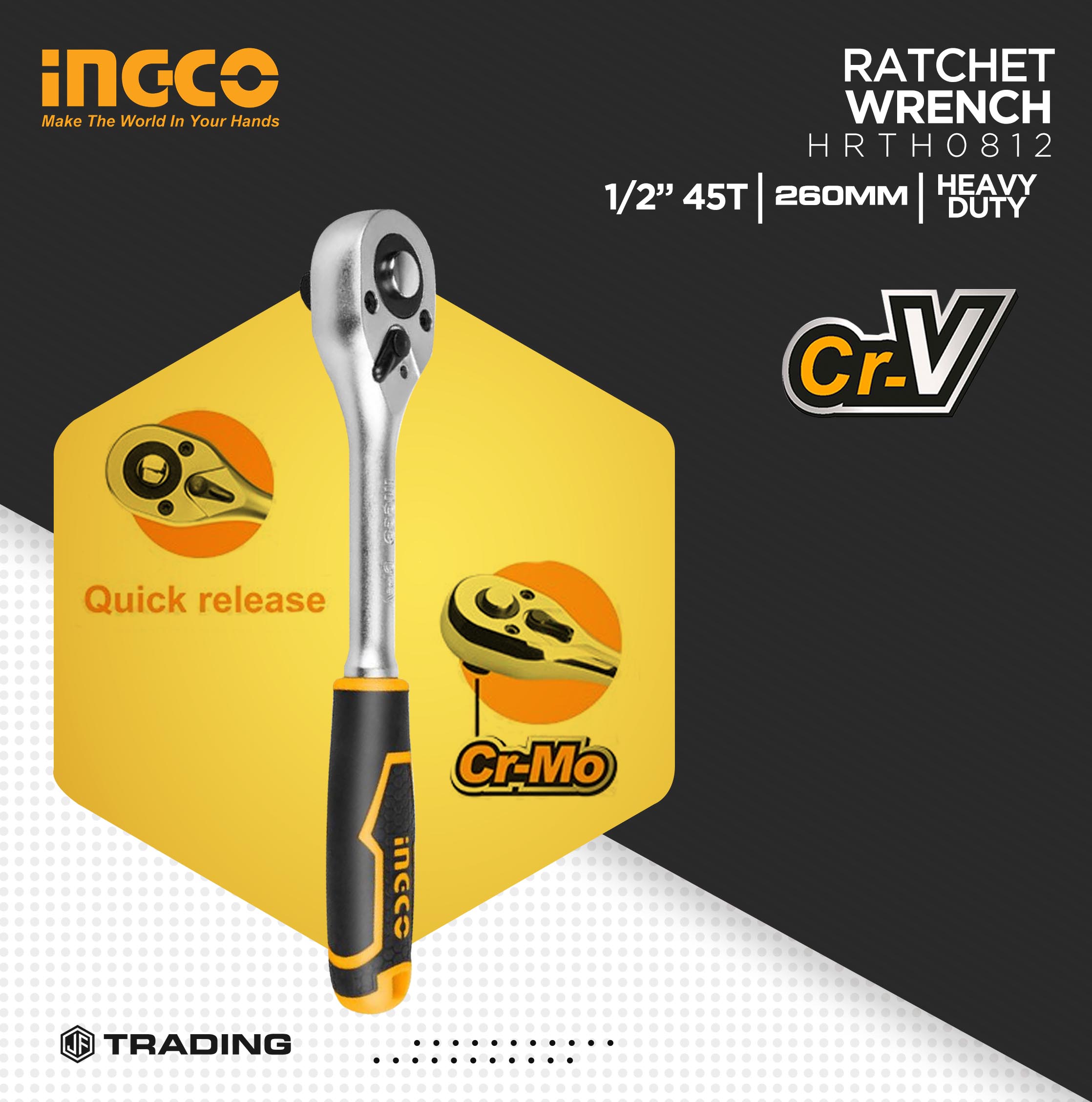 INGCO Industrial Ratchet Wrench CR-V + Cr-Mo Material 1/2" 45T 255mm (L ...