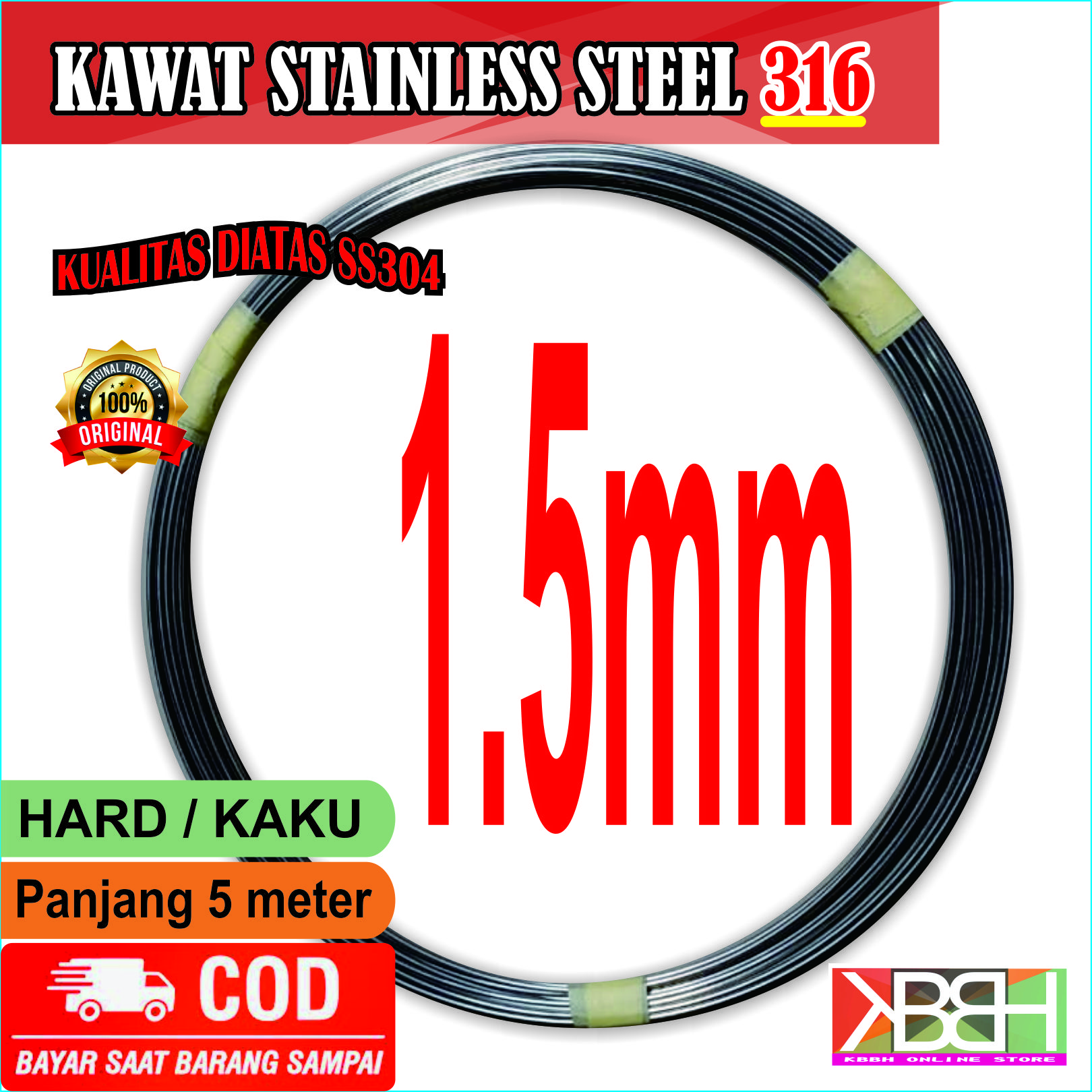 Kawat Stenlis 316 Kaku 1.5mm 5 meter/ Kawat Stainless Steel Hard Buatan ...