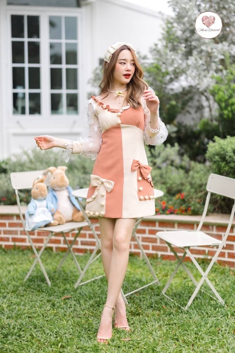 Maria Diamond Brand การันตีเสื้อผ้าแบรนด์แท้ มินิเดรสแขนยาว สีส้มพีช ...