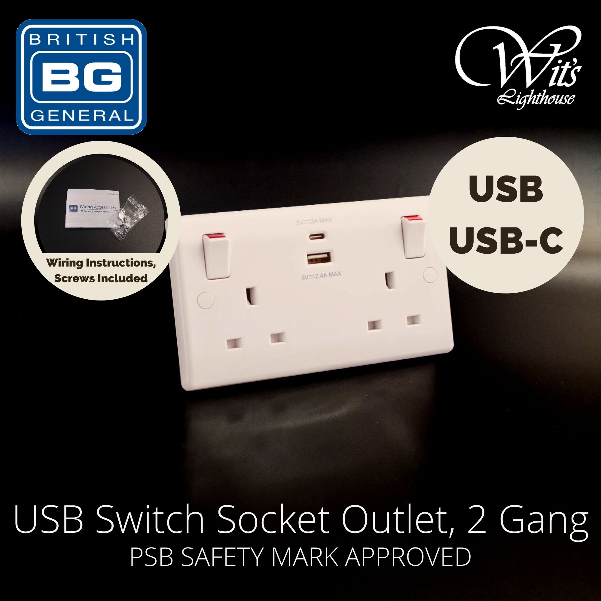 USB Type A Type C (2 Gang Only) Charging Switch Socket Outlet, 1 Gang ...