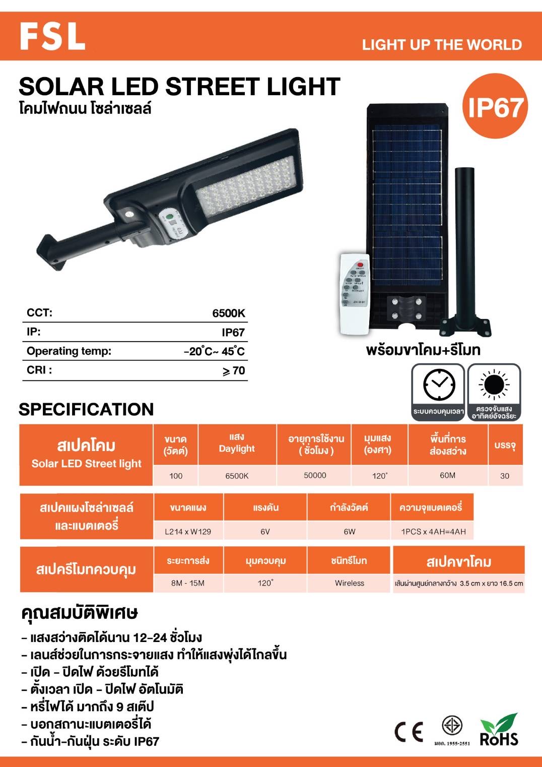 FSL Solar LED Street light โคมไฟถนนโซล่าเซลล์ ขนาด 100W, 200W (แสงขาว ...