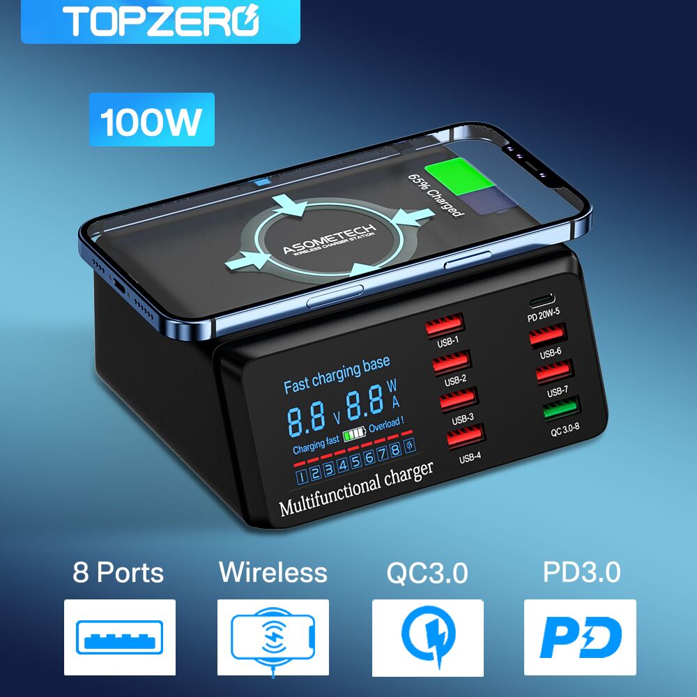 TOPZERO ที่ชาร์จเร็ว100W 8พอร์ต,เครื่องชาร์จอัจฉริยะมัลติฟังก์ชันชาร์จ ...