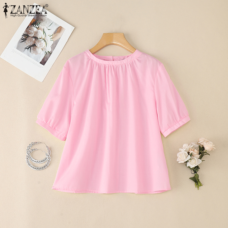 ZANZEA Women Summer Retro Raglan Sleeve Pleated Blouses Crew Neck Solid ...