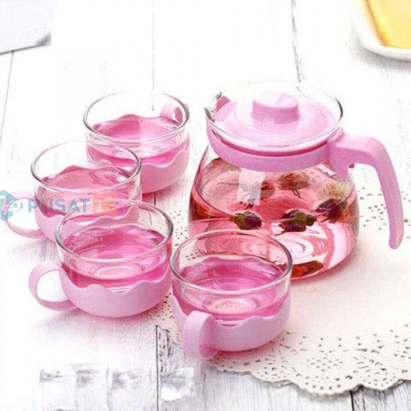 PUSAT17 TEAPOT SET 5 IN 1 CANGKIR GELAS KACA / TEKO KACA SET GELAS 5IN1 ...