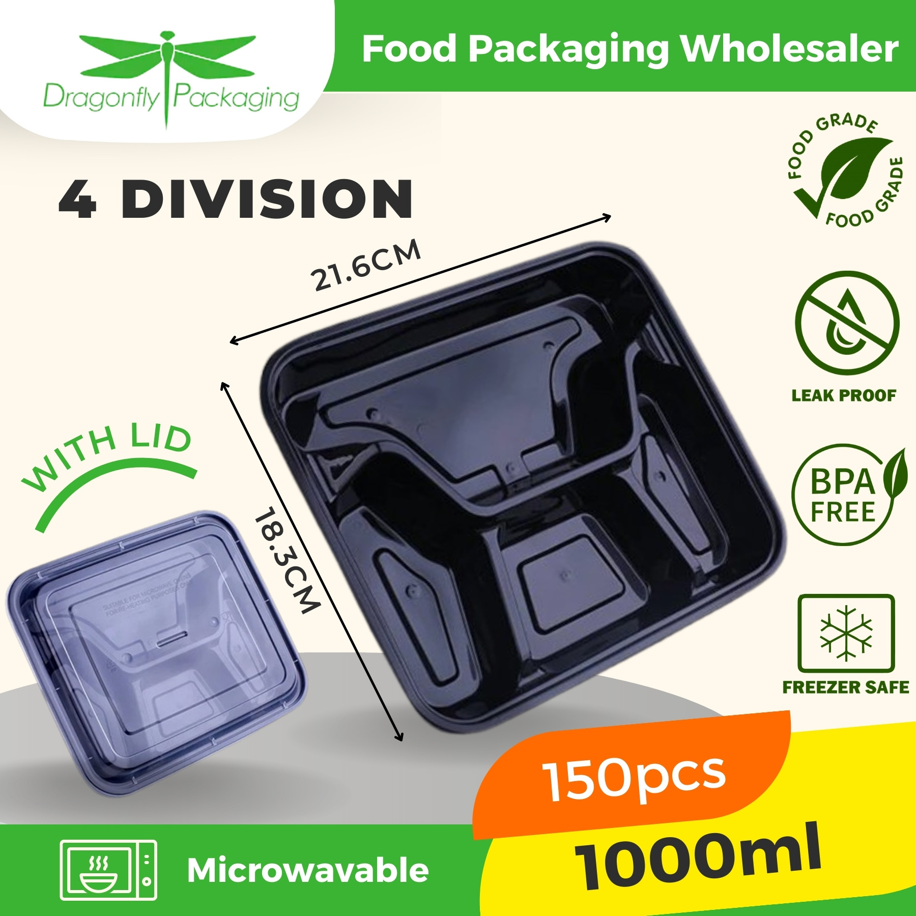  Wholesale Dragonfly 1000ML 4 Division Black Bento Lunch Box With Lid