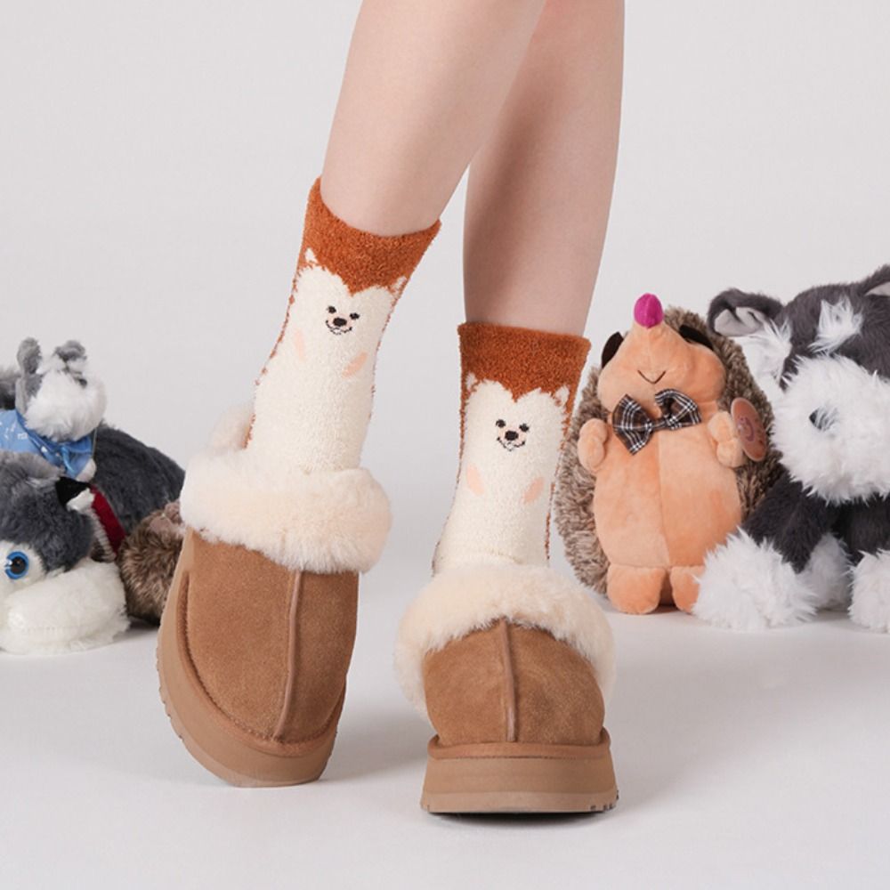 Cute Cartoon Husky Fleece Socks Hedgehog Sweet Sleeping Socks Women ...