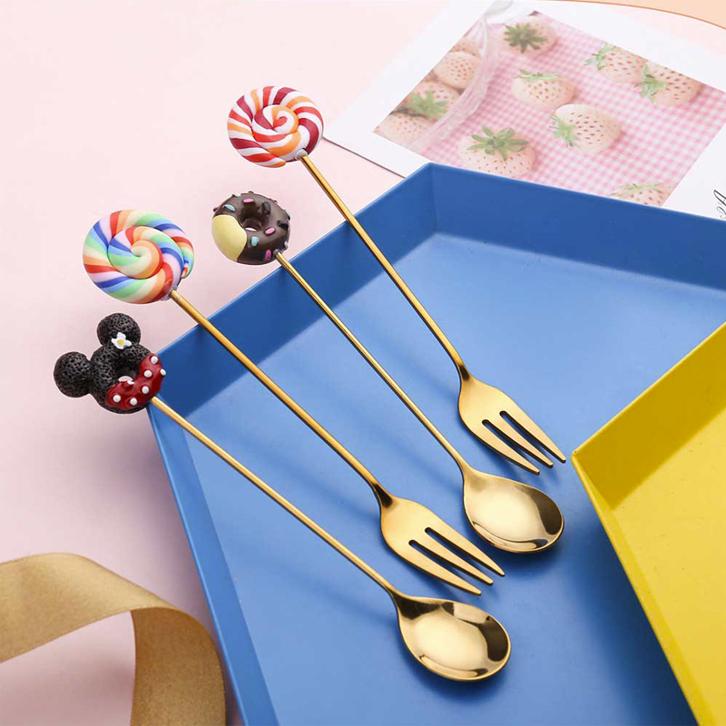 Stainless Steel Spoon Fork Cute Version Rainbow Lollipop Donut Macaron ...