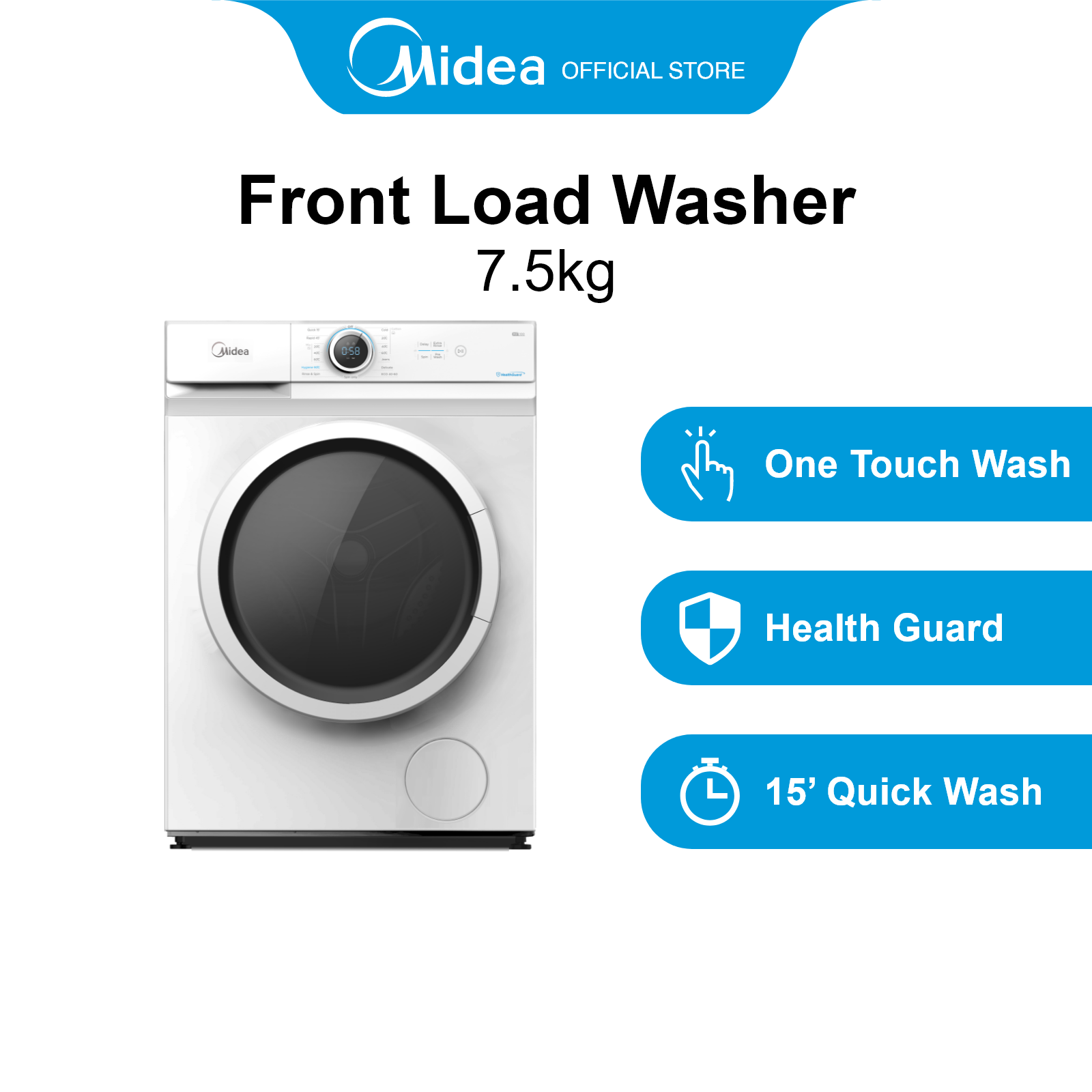 Midea MF100W75 White Front Load Washer, 7.5kg, Water Efficiency 3 Ticks ...