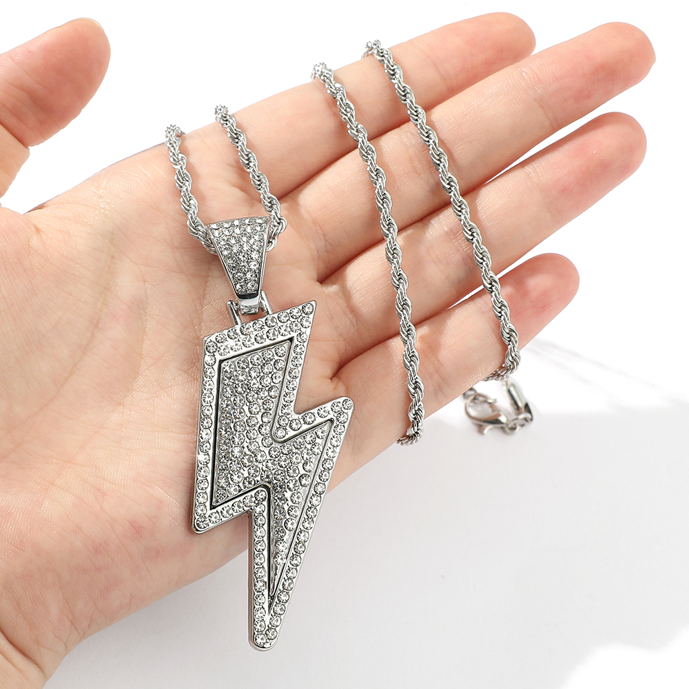 Iced Out CZ Crystal Lightning Sign Pendant Necklaces for Men Teen Boys Hip Hop Gold Color Chains ...