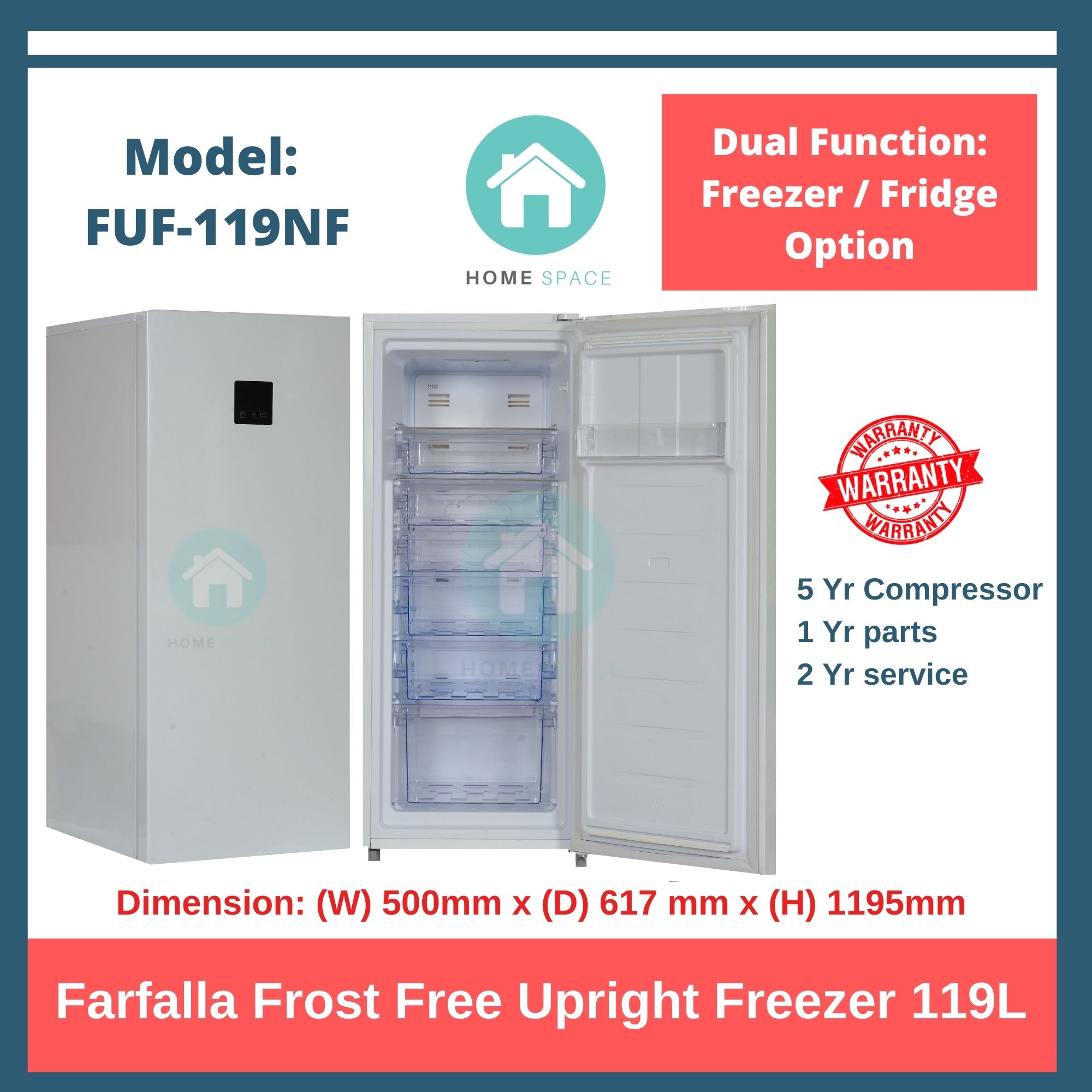 Farfalla Frost Free Dual Function Upright Freezer (119L), FUF-119NF ...