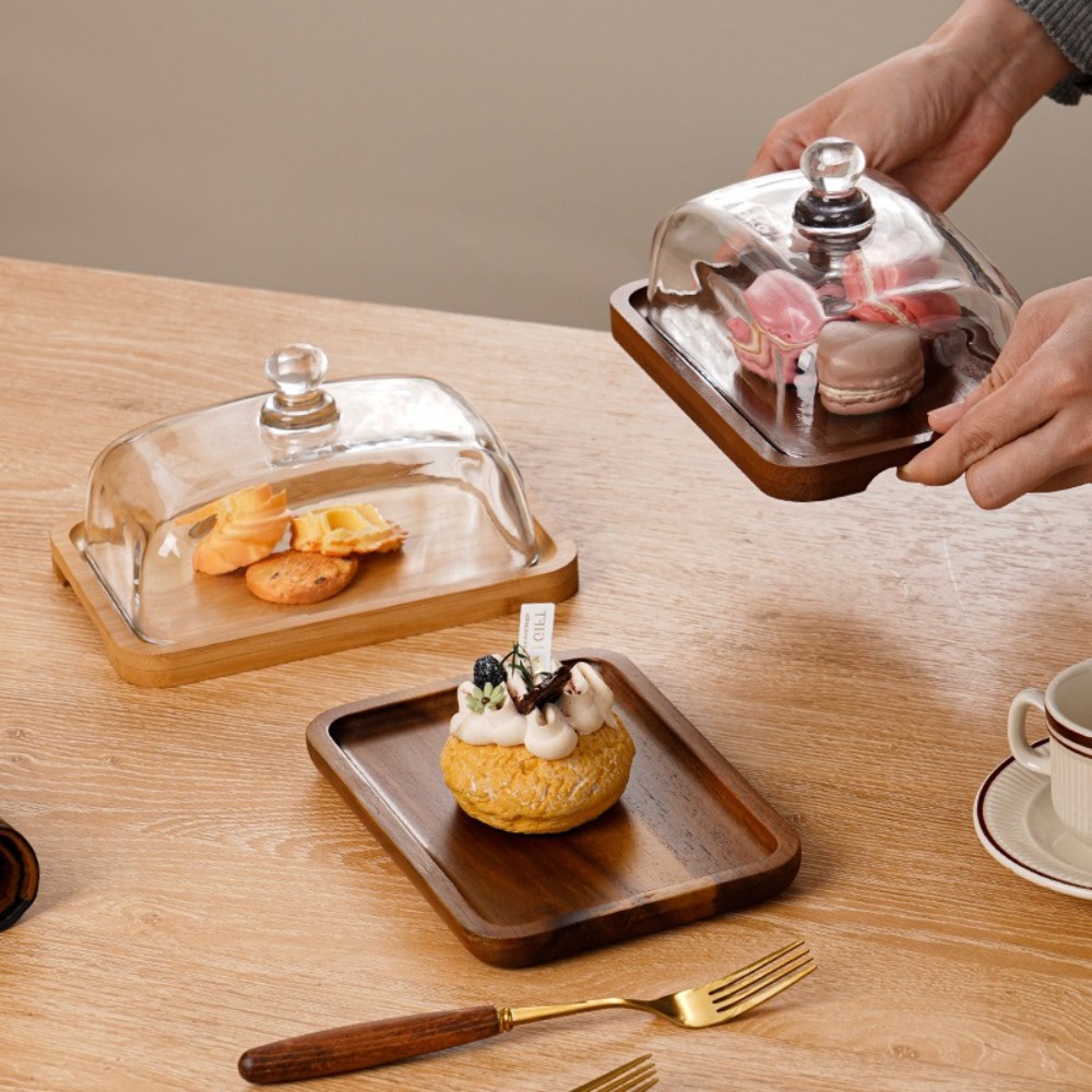 Serving Tray With Glass Cover Dessert Plate Light Dustproof Appetizer ...