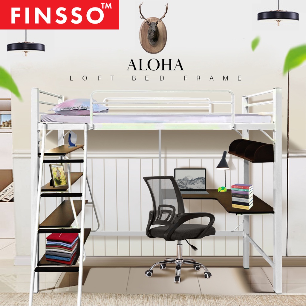 FINSSO: ALOHA Loft Single Bedframe with Study Table & Book Shelves | Lazada