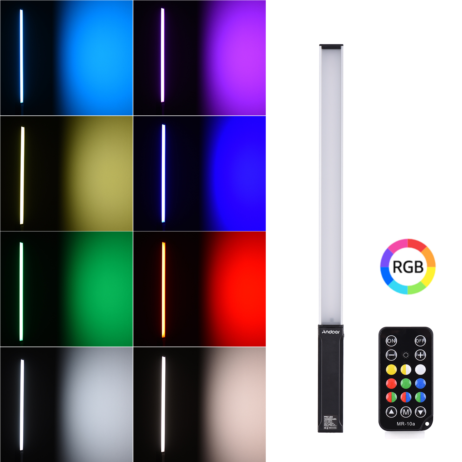 Andoer Portable RGB Handheld LED Video Light Wand 10W 9 Colors CRI95 ...