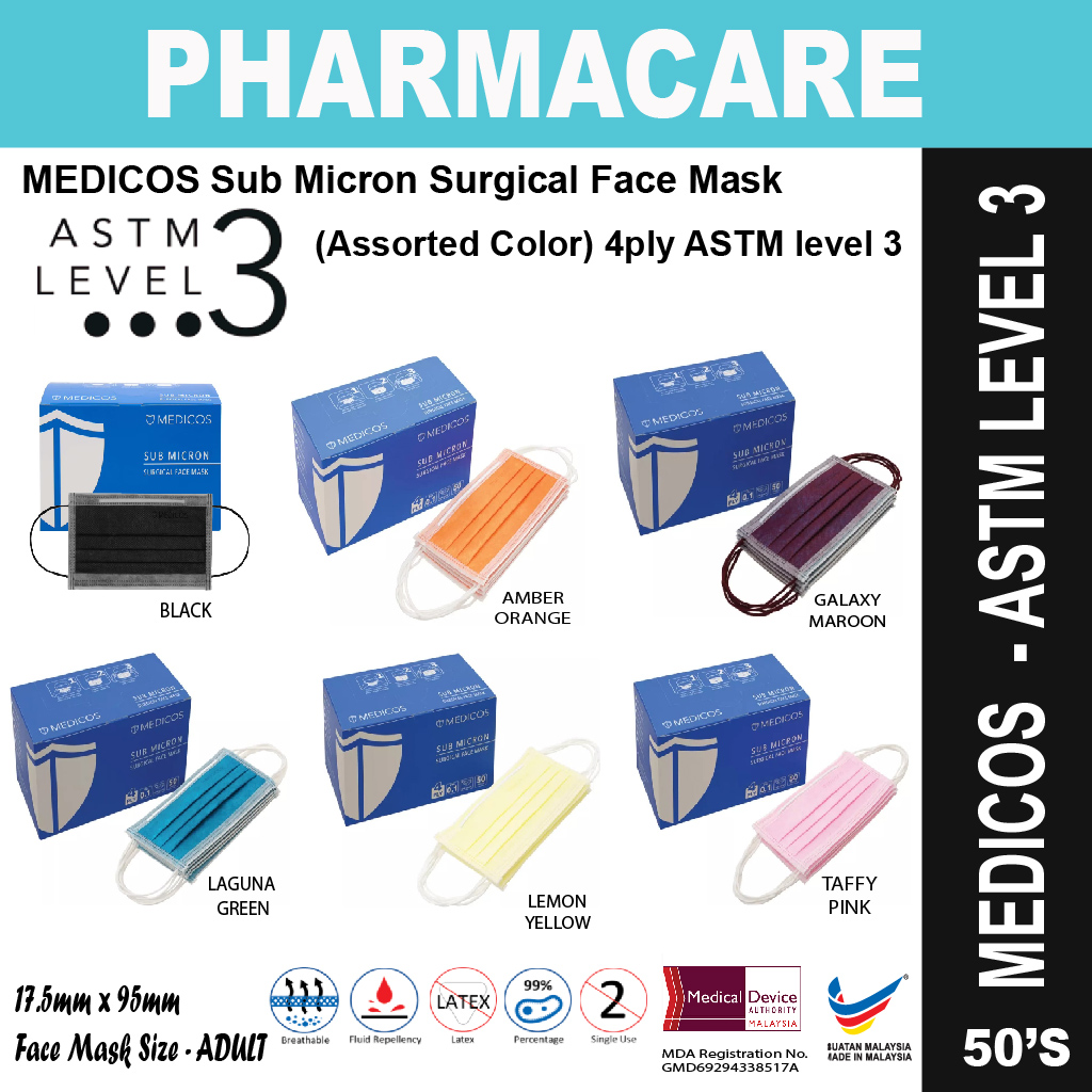 Medicos 4 Ply Sub Micron Surgical Face Mask ASTM level 3 (50 Pcs/Box ...