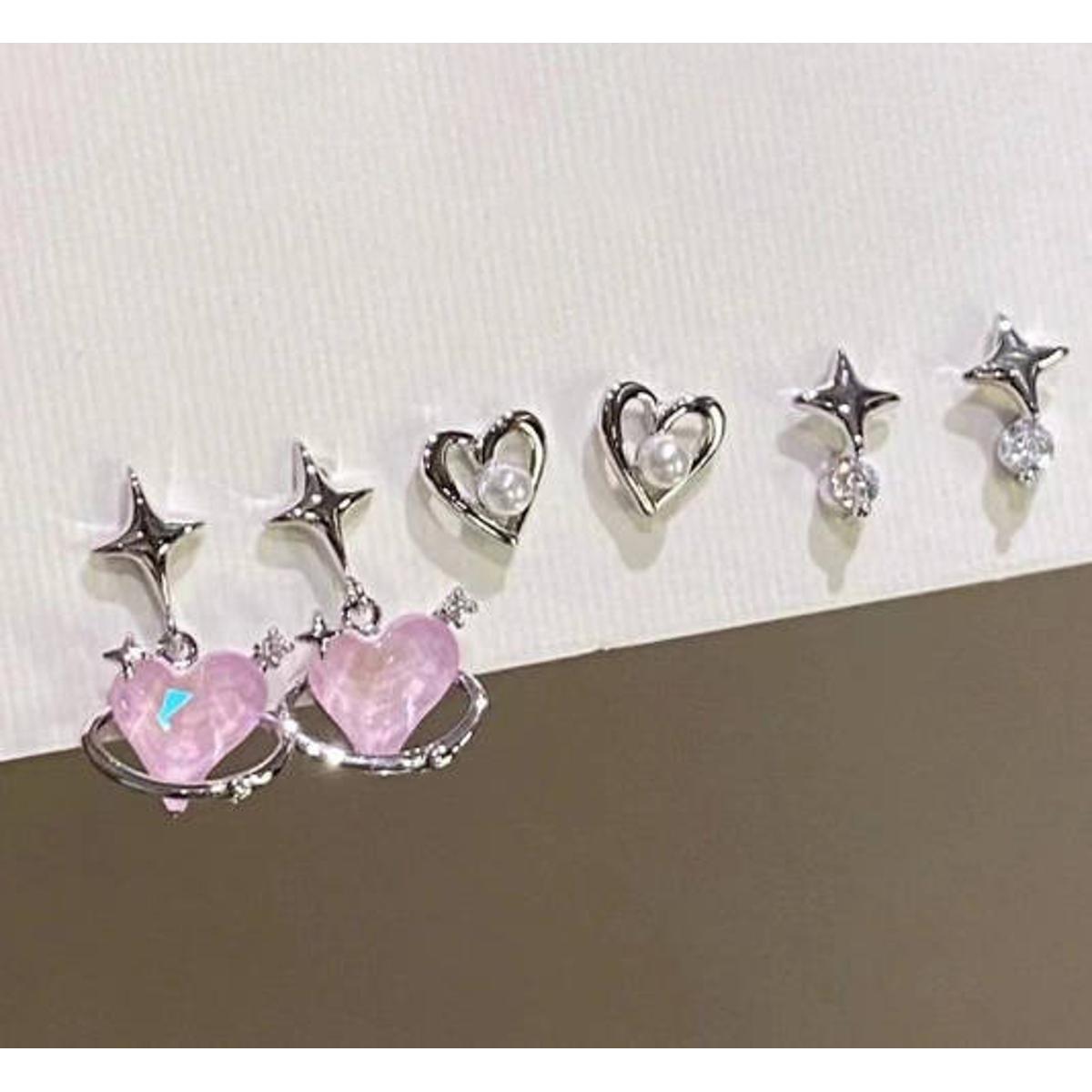 6-piece Set Temperament Romantic Pink Love Ear Studs Star Earrings ...