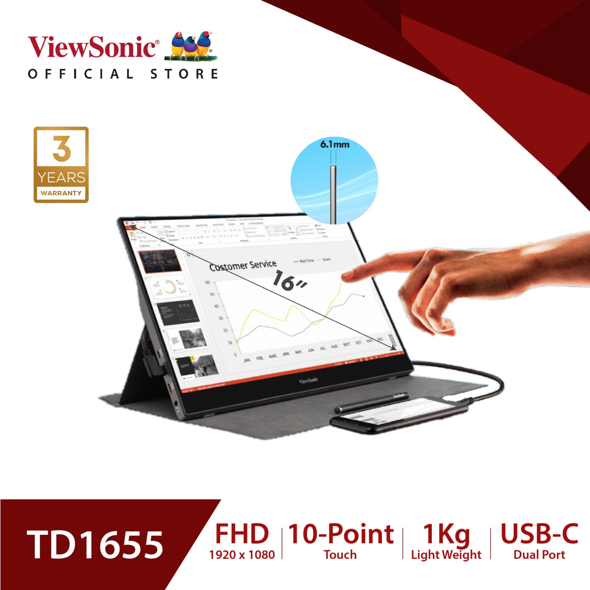 TD1655 - ViewSonic 16” FHD 60Hz Touch Portable Monitor with Dual 60W ...