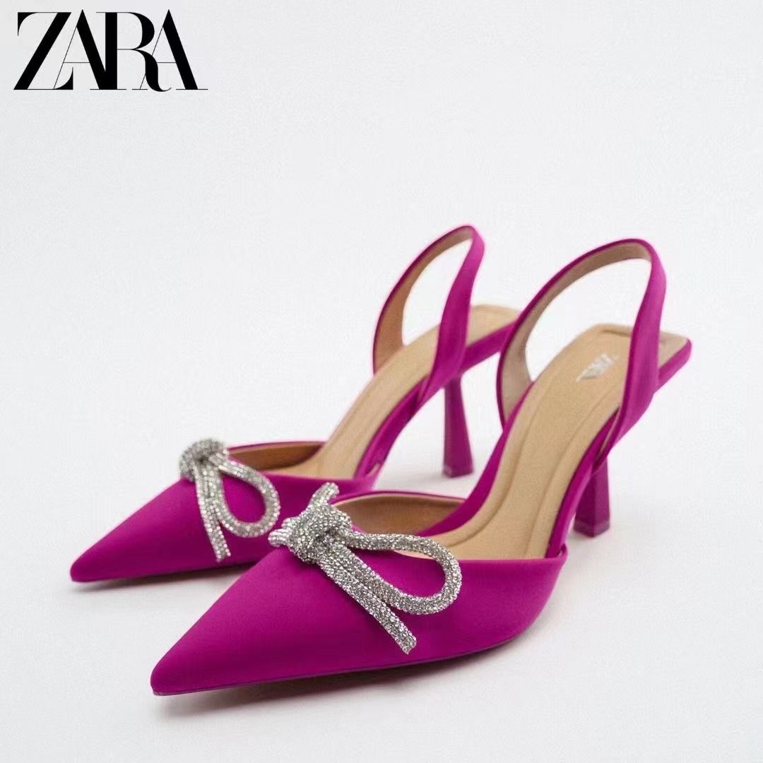 【ready stock】2022ZARAˉBlue Diamond Bow Slingback Heel Mules Stiletto ...