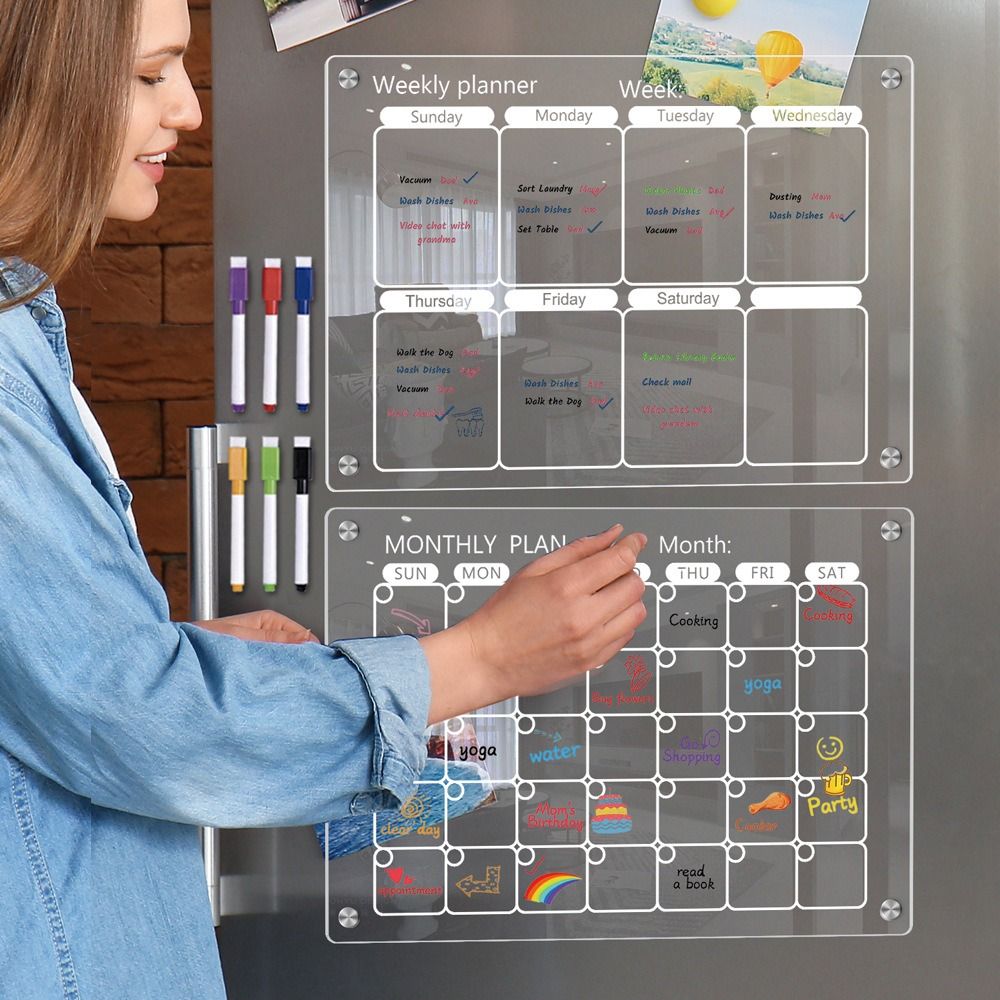 Premium 6 Markers Acrylic Erase Boards Magnetic Clear Monthly Calendar ...