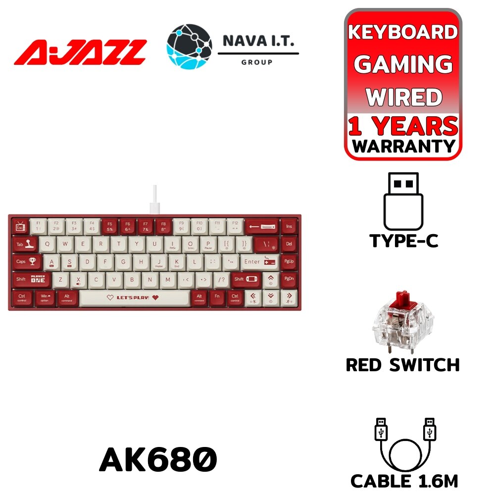 AJAZZ AK680 RED-WHITE RED SWITCH WIRED GAMING KEYBOARD รับประกันสินค้า ...