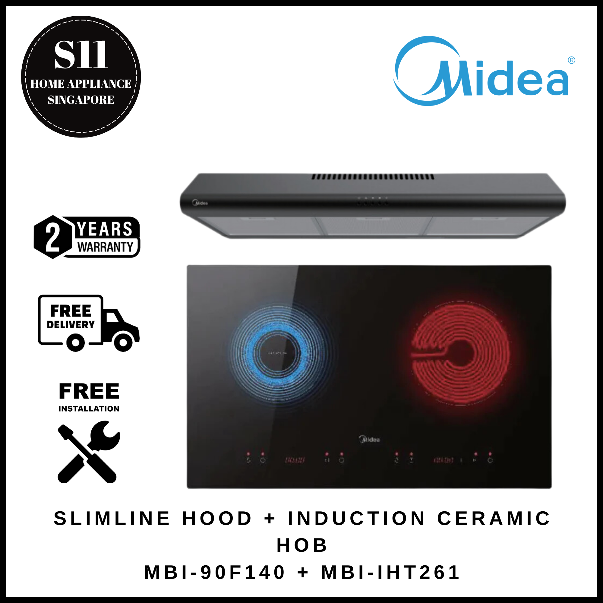 MIDEA MBI-90F140 SLIMLINE HOOD + MBI-IHT261 70CM HYBRID INDUCTION ...