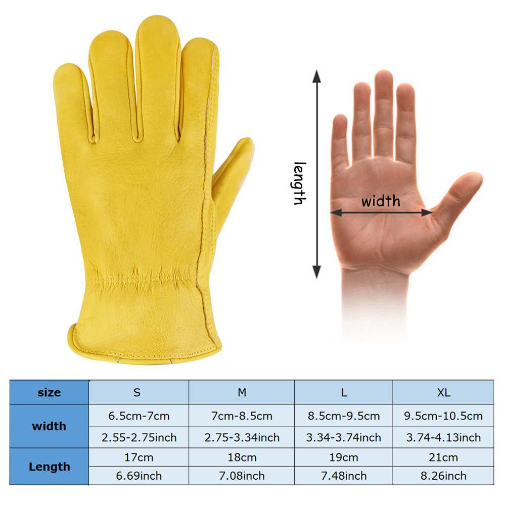 FG 1Pair Leather Work Gloves For Men Yellow Cowhide Heavy Duty Safety ...